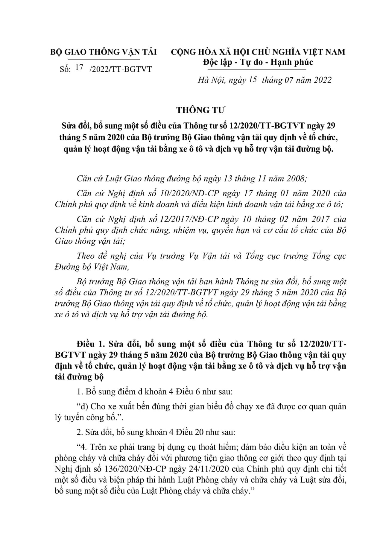 Cập nhật mới nhất Thông tư số 12/2020/TT-BGTVT quy định về tổ chức ...